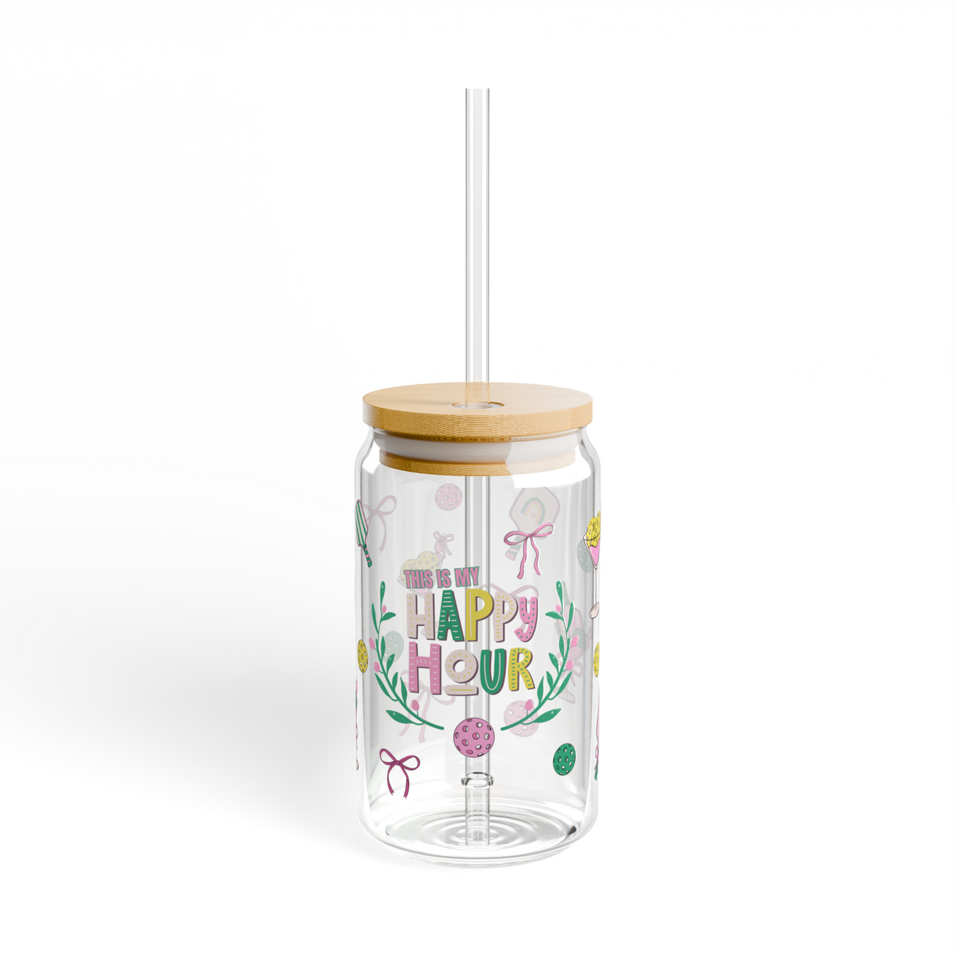 Happy Hour - Glass Can Cup w/Bamboo Lid & Straw – That Pickleball Swag