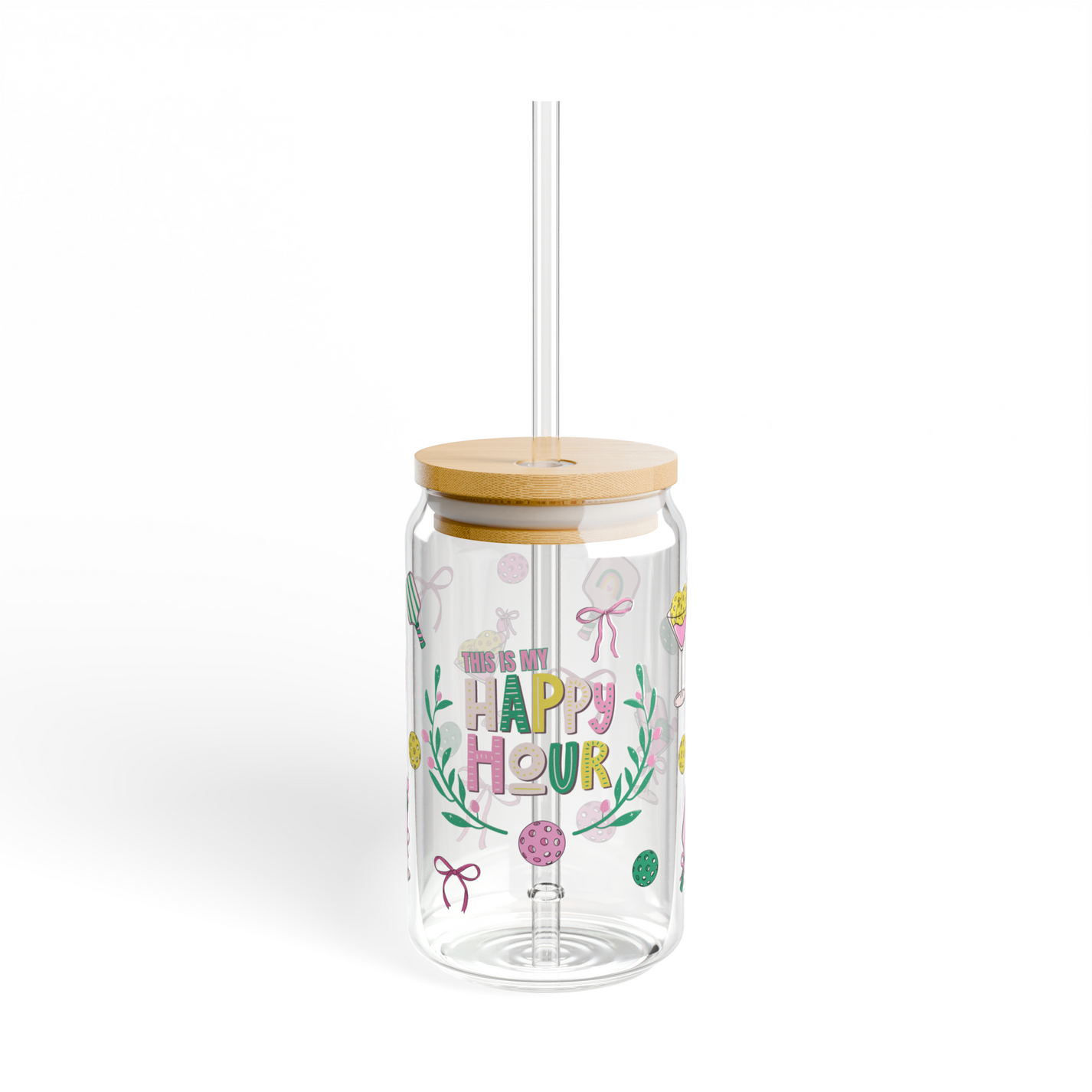 Happy Hour - Glass Can Cup w/Bamboo Lid & Straw – That Pickleball Swag