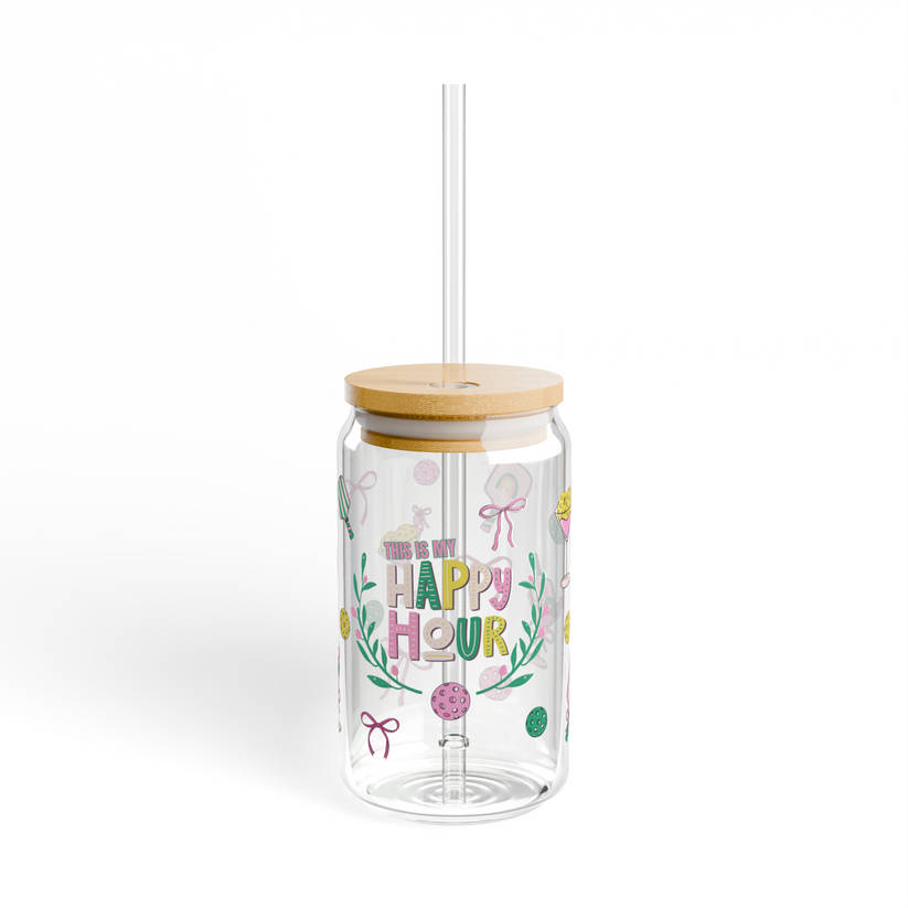 Happy Hour - Glass Can Cup w/Bamboo Lid & Straw – That Pickleball Swag