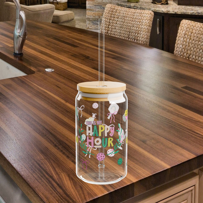 Happy Hour - Glass Can Cup w/Bamboo Lid & Straw – That Pickleball Swag