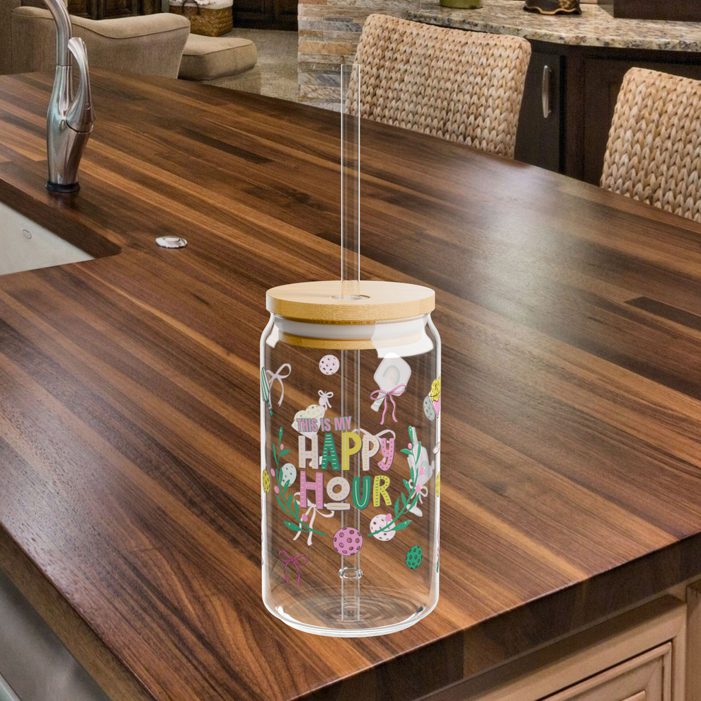 Happy Hour - Glass Can Cup w/Bamboo Lid & Straw – That Pickleball Swag