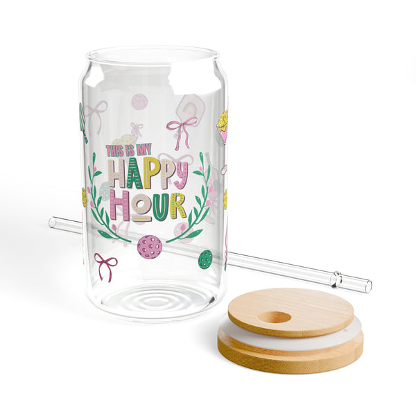 Happy Hour - Glass Can Cup w/Bamboo Lid & Straw – That Pickleball Swag