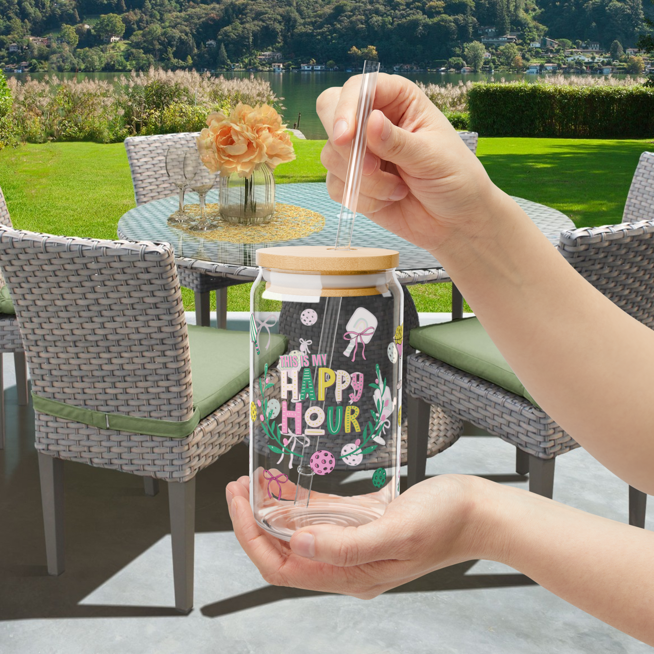 Happy Hour - Glass Can Cup w/Bamboo Lid & Straw – That Pickleball Swag