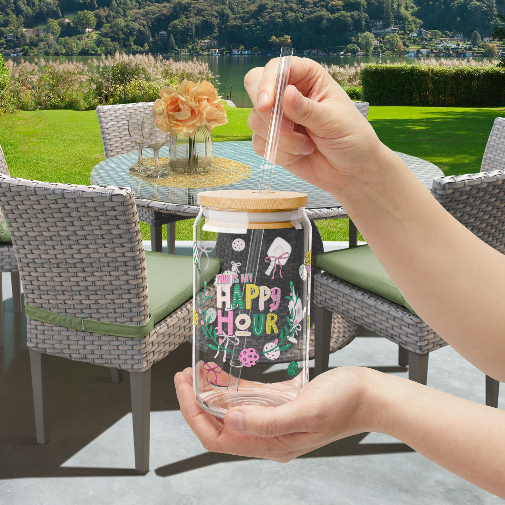 Happy Hour - Glass Can Cup w/Bamboo Lid & Straw – That Pickleball Swag