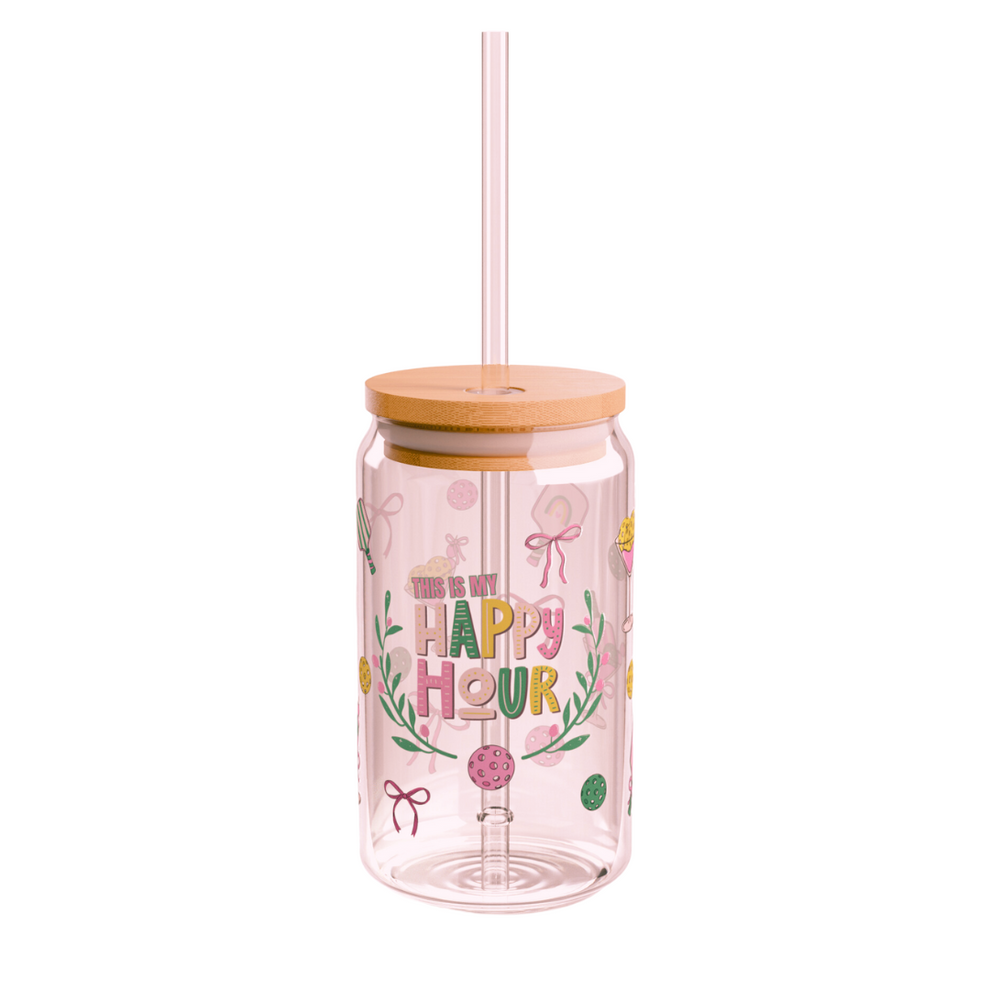 Happy Hour - Glass Can Cup w/Bamboo Lid & Straw – That Pickleball Swag